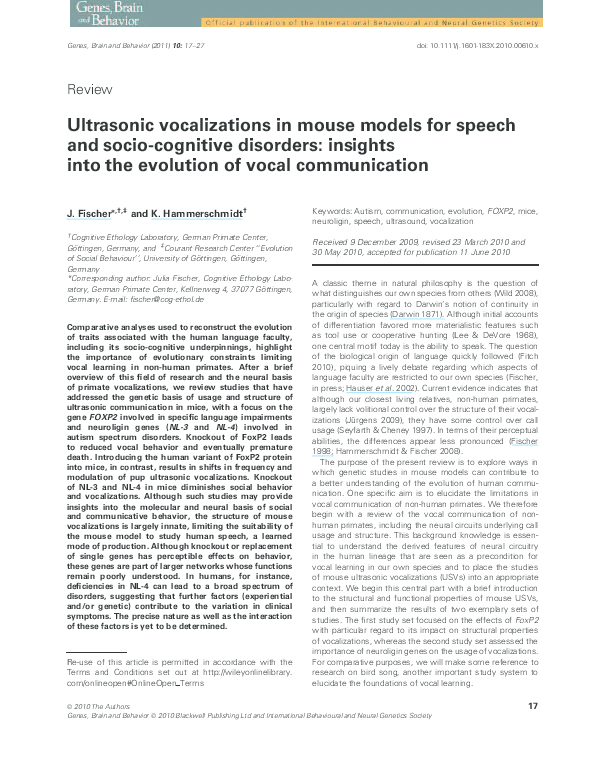 (PDF) Ultrasonic vocalizations in mouse models for speech and socio ...