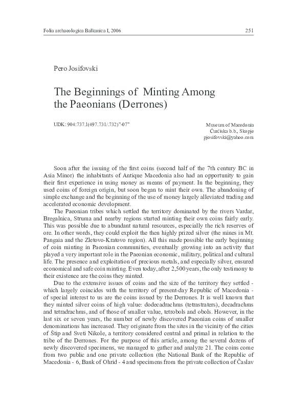 (PDF) "The Beginnings of Minting Among the Paeonians (Derrones)", FOLIA ...