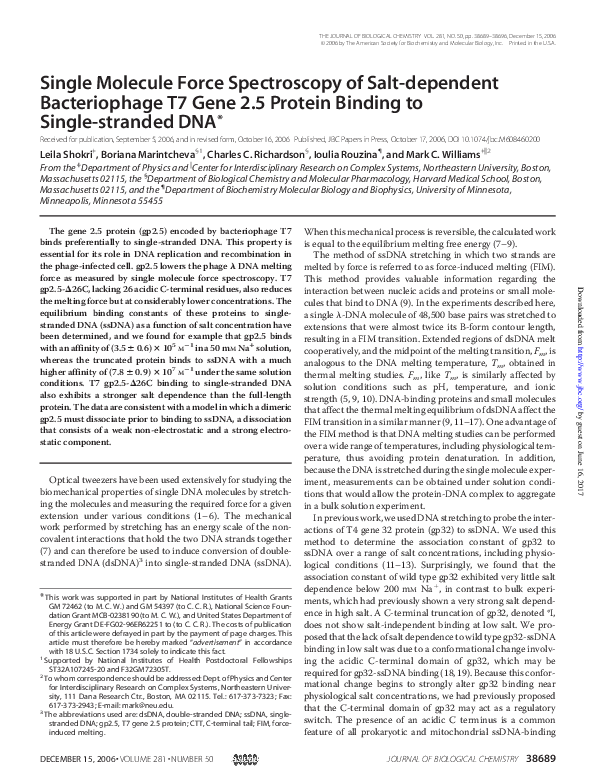 (PDF) Single Molecule Force Spectroscopy of Salt-dependent Bacteriophage T7 Gene 2.5 Protein ...