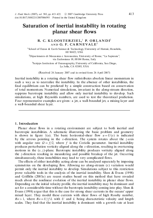 (PDF) Saturation of inertial instability in rotating planar shear flows | George F Carnevale ...