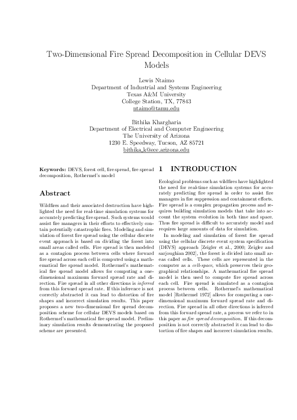 Pdf Two Dimensional Fire Spread Decomposition In Cellular Devs Models