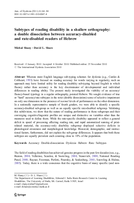 (PDF) Subtypes of reading disability in a shallow orthography: a double ...