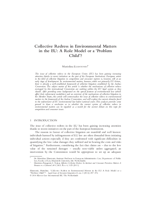 (PDF) Collective Redress in Environmental Matters in the EU: a role ...