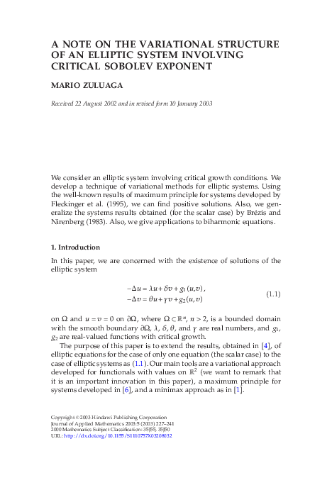 (PDF) A NOTE ON THE VARIATIONAL STRUCTURE OF AN ELLIPTIC SYSTEM INVOLVING CRITICAL SOBOLEV EXPONENT