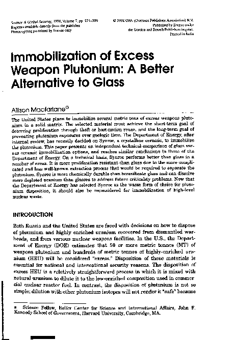 (PDF) Immobilization of excess weapon plutonium: A better alternative ...