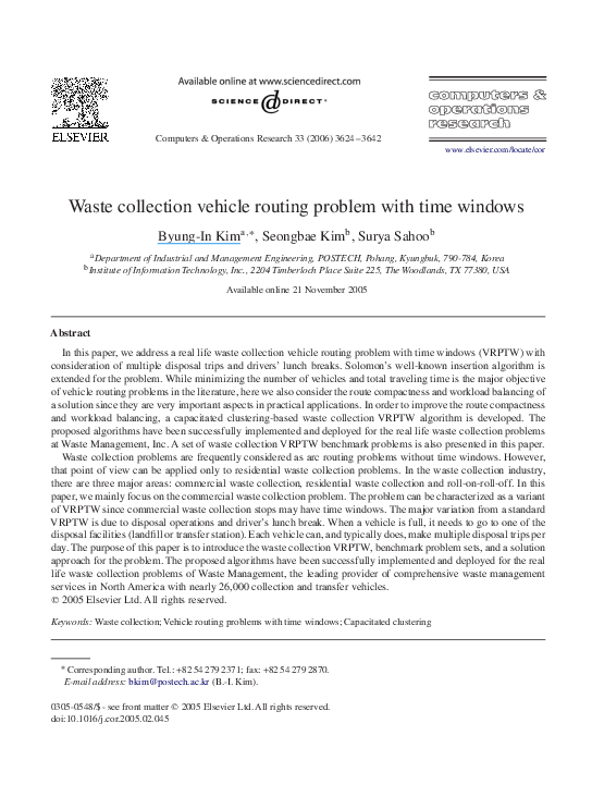 (PDF) Waste collection vehicle routing problem with time windows