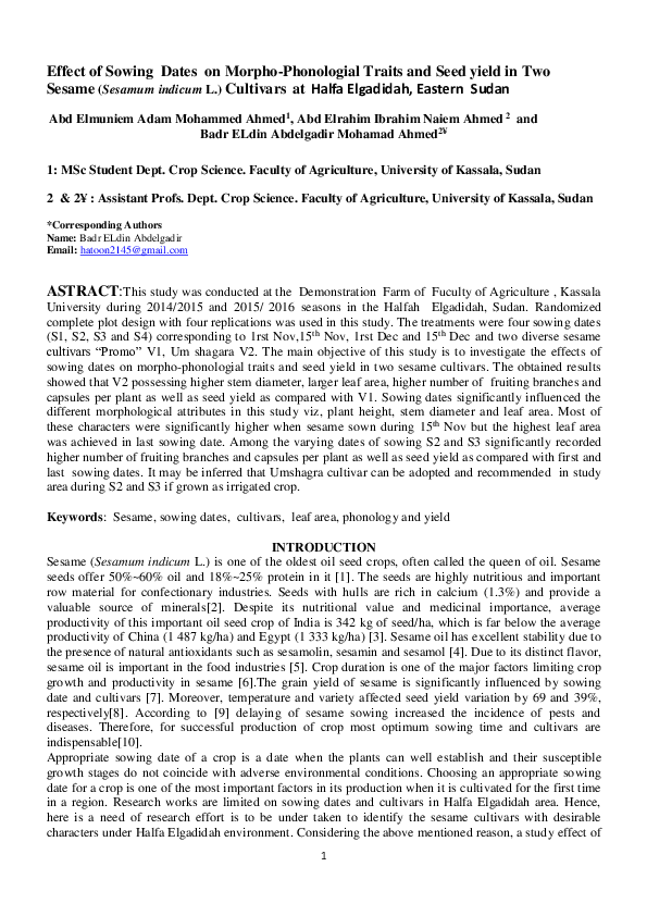 Doc Effect Of Sowing Dates On Morpho Phonologial Traits And Seed