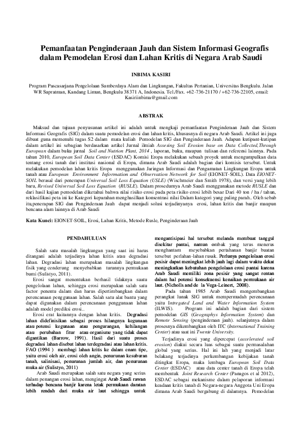 (PDF) Pemanfaatan Penginderaan Jauh dan Sistem Informasi Geografis dalam Pemodelan Erosi dan ...
