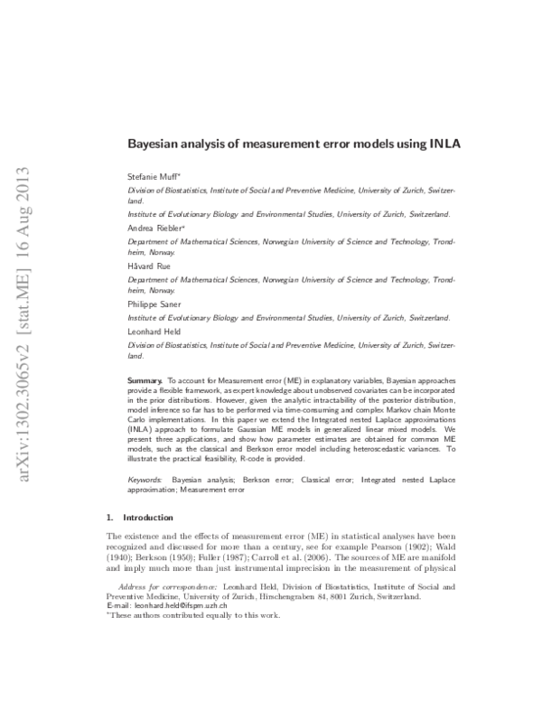 Pdf Bayesian Analysis Of Measurement Error Models Using Inla