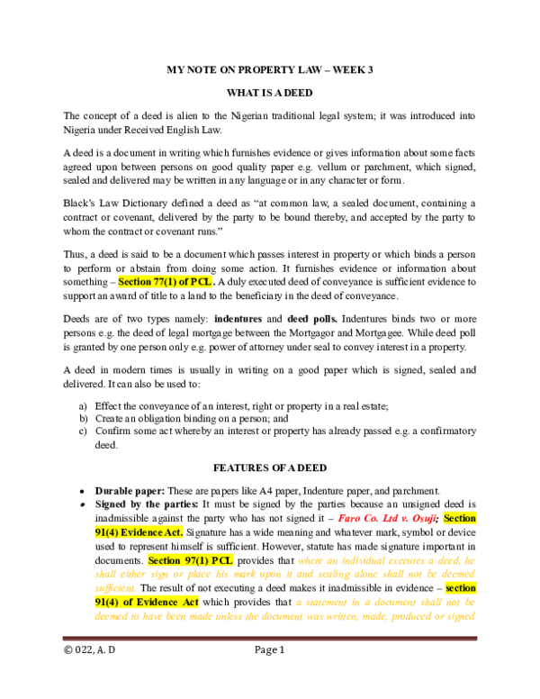(DOC) MY NOTE ON PROPERTY LAW – WEEK 3 WHAT IS A DEED