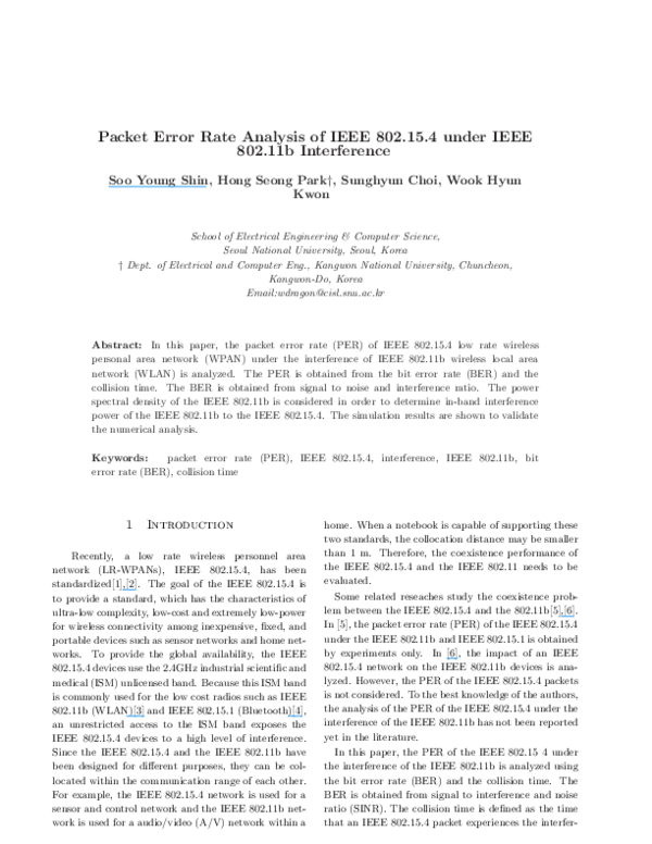 (PDF) Packet Error Rate Analysis of IEEE 802.15.4 under Saturated IEEE 802.11b Network Interference