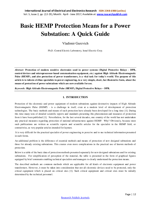 (PDF) Basic HEMP Protection Means for a Power Substation: A Quick Guide