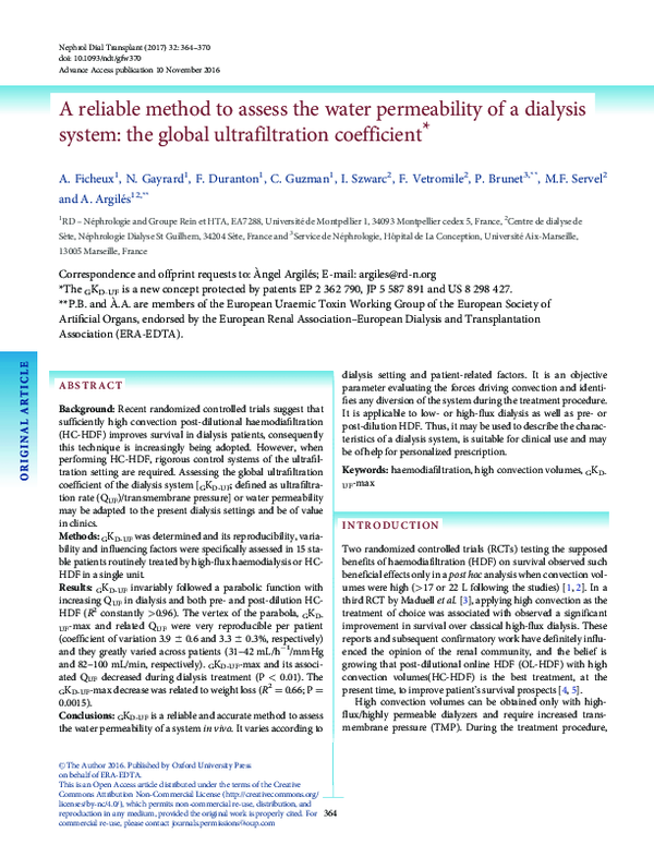 (PDF) A reliable method to assess the water permeability of a dialysis ...