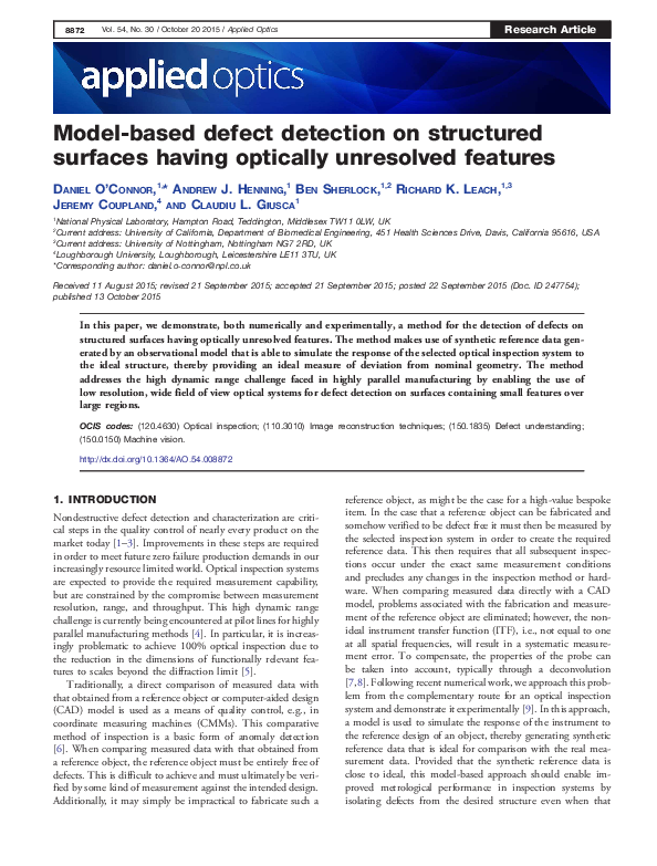 (PDF) Model-based defect detection on structured surfaces having optically unresolved features