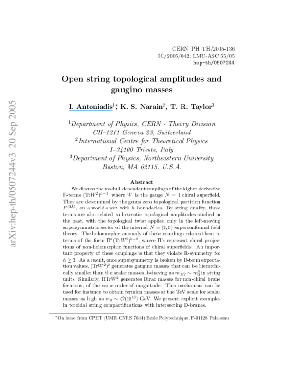 (PDF) Open string topological amplitudes and gaugino masses