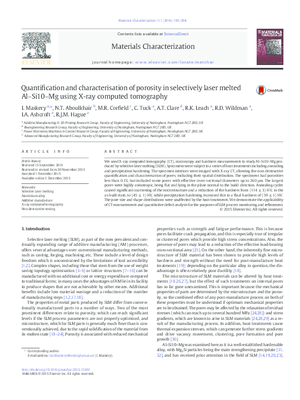 (PDF) Quantification and characterisation of porosity in selectively laser melted Al–Si10–Mg ...