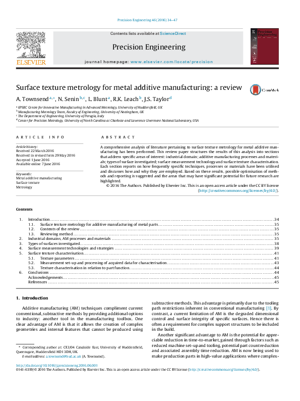 Pdf Surface Texture Metrology For Metal Additive Manufacturing A Review