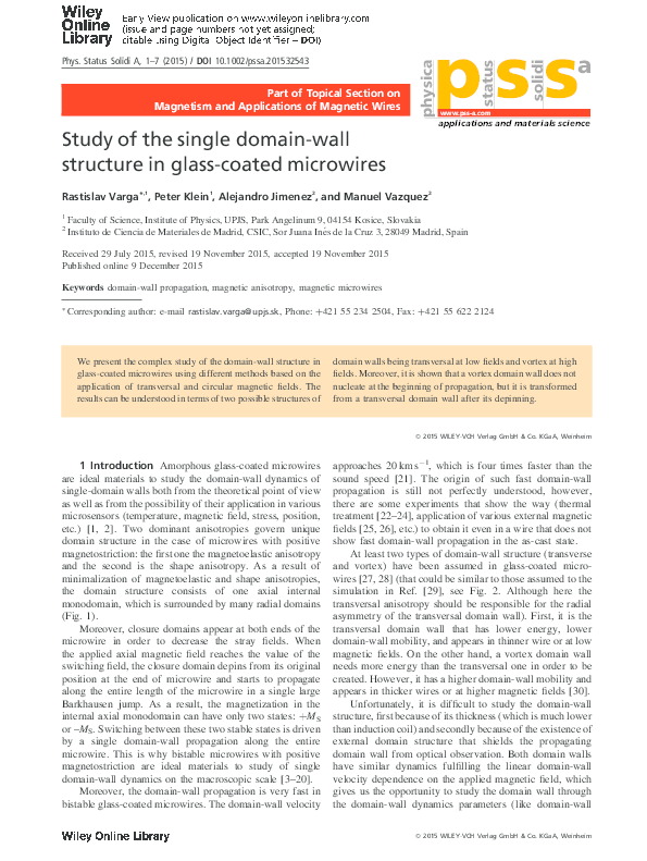 (PDF) Study of the single domain-wall structure in glass-coated microwires