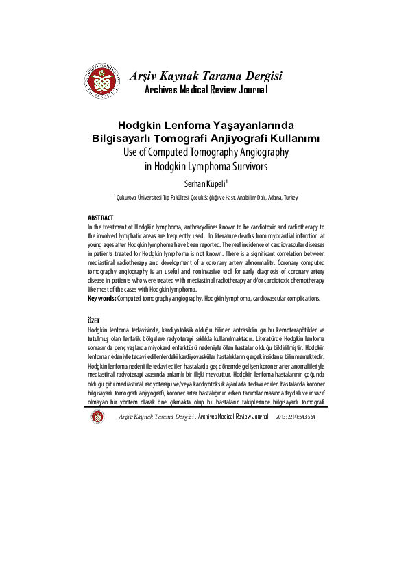 (PDF) Hodgkin Lenfoma Yaşayanlarında Bilgisayarlı Tomografi Anjiyografi Kullanımı