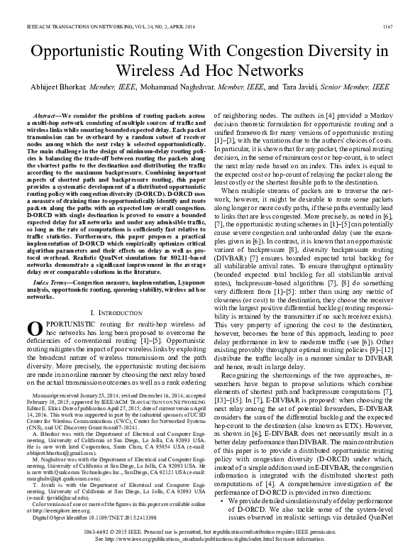 (PDF) Opportunistic Routing With Congestion Diversity in Wireless Ad Hoc Networks