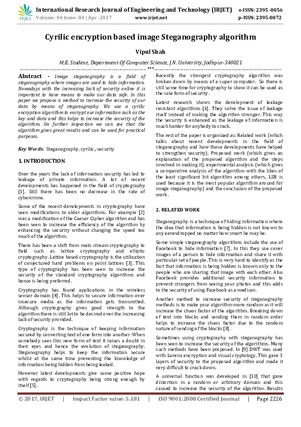 Pdf Cyrilic Encryption Based Image Steganography Algorithm Irjet Journal