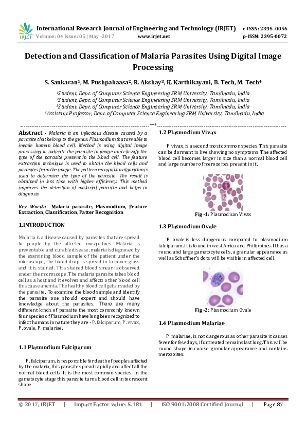 (PDF) Detection and Classification of Malaria Parasites Using Digital ...