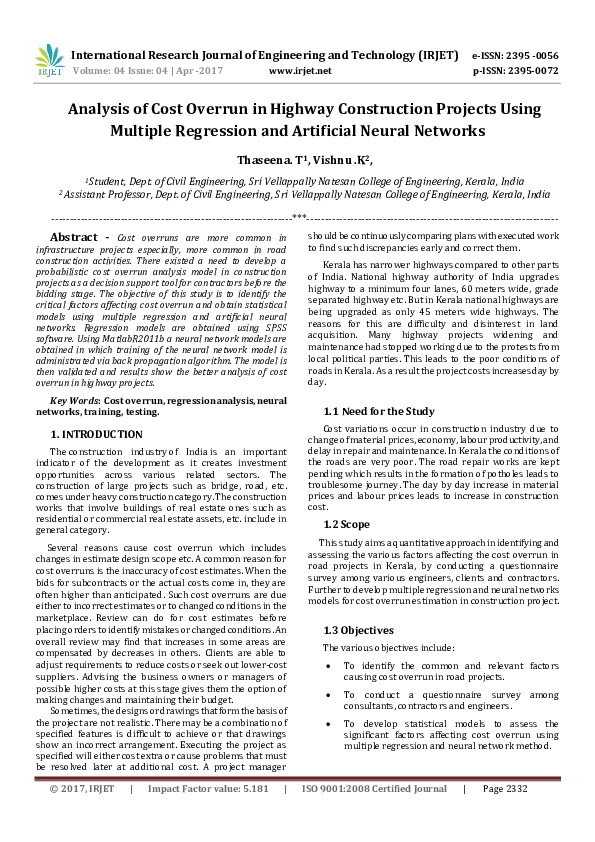 Pdf Analysis Of Cost Overrun In Highway Construction Projects Using Multiple Regression And