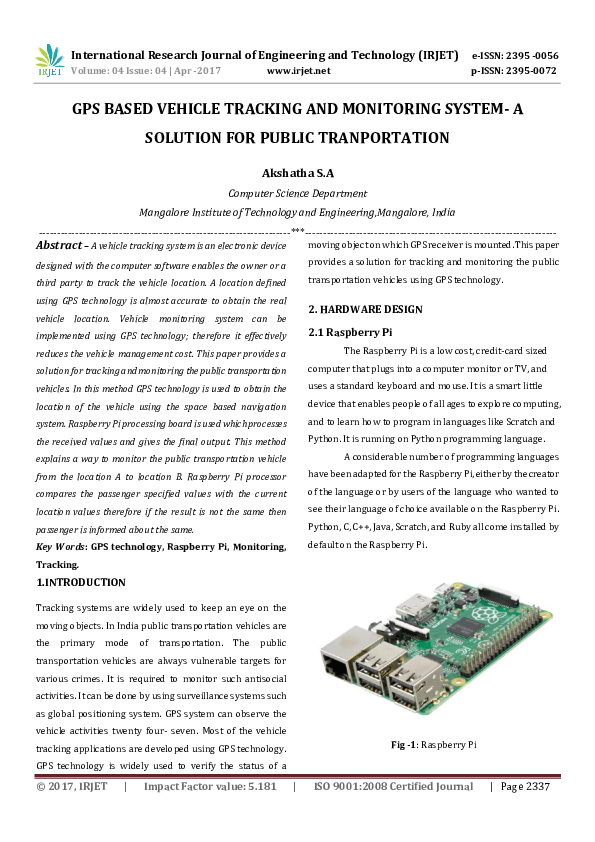 (PDF) GPS BASED VEHICLE TRACKING AND MONITORING SYSTEM-A SOLUTION FOR PUBLIC TRANPORTATION