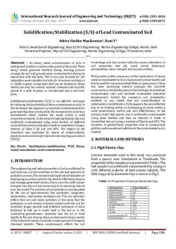(PDF) Solidification/Stabilization (S/S) of Lead Contaminated Soil
