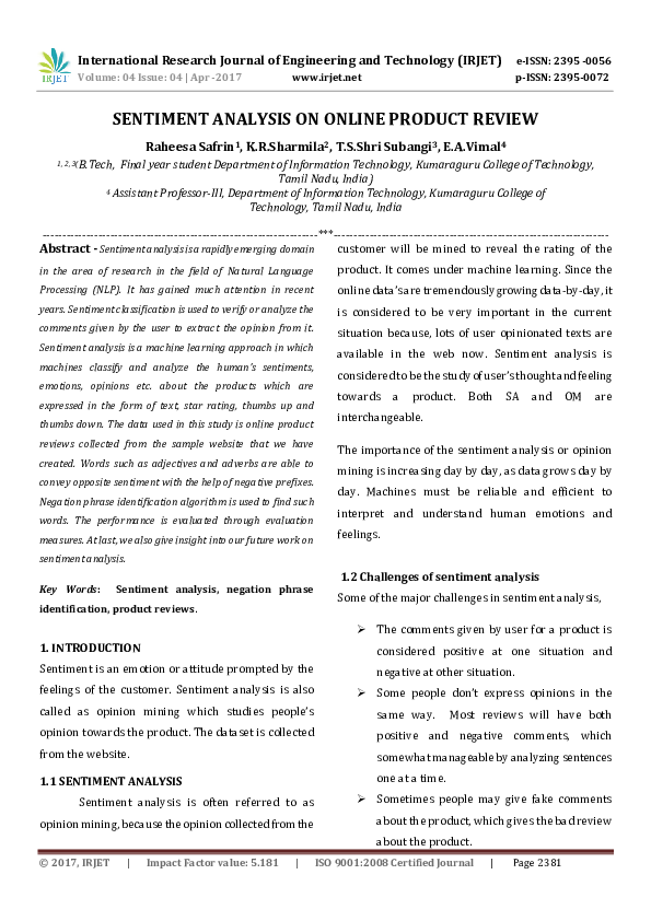 (PDF) SENTIMENT ANALYSIS ON ONLINE PRODUCT REVIEW