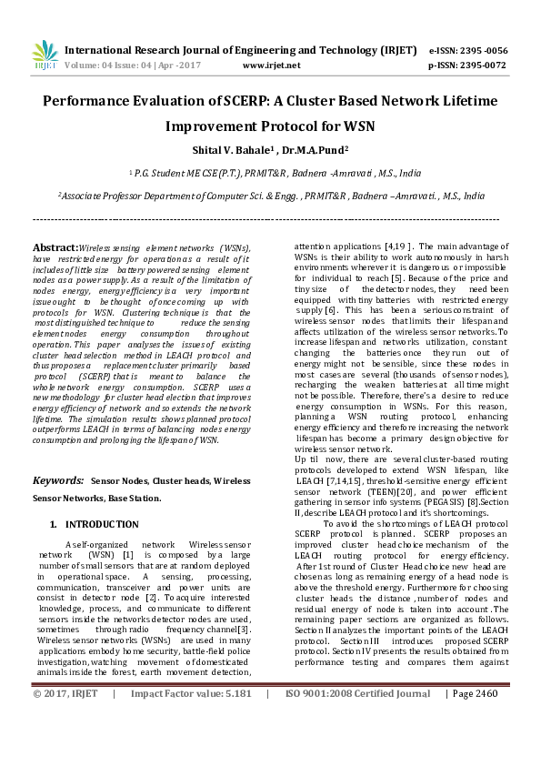 Pdf Performance Evaluation Of Scerp A Cluster Based Network Lifetime Improvement Protocol For Wsn