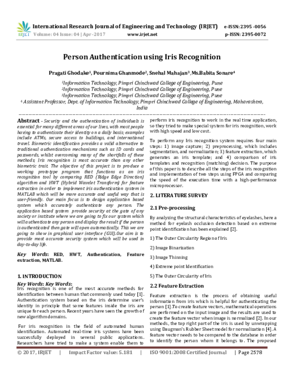 Pdf Person Authentication Using Iris Recognition