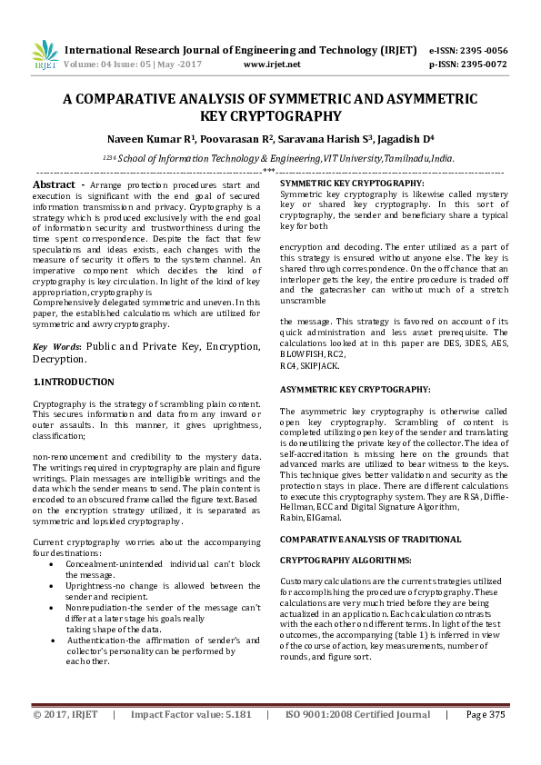 (PDF) A COMPARATIVE ANALYSIS OF SYMMETRIC AND ASYMMETRIC KEY CRYPTOGRAPHY