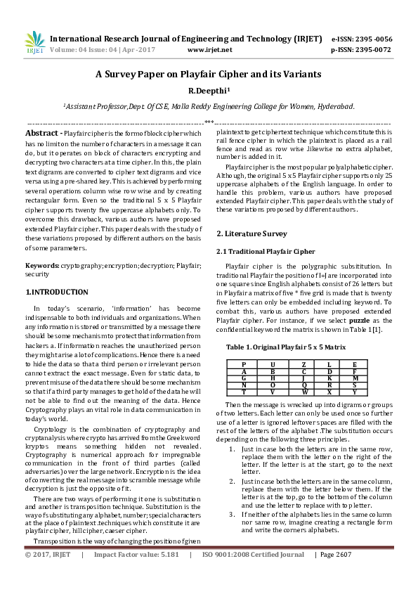 Pdf A Survey Paper On Playfair Cipher And Its Variants