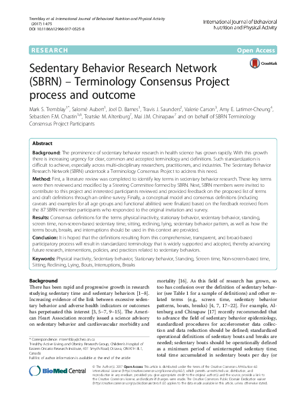 (PDF) Sedentary Behavior Research Network (SBRN) – Terminology ...
