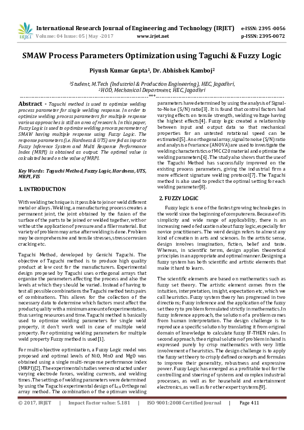 (PDF) SMAW Process Parameters Optimization using Taguchi & Fuzzy Logic