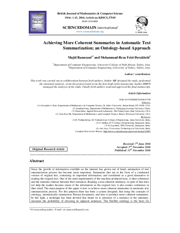 Pdf Achieving More Coherent Summaries In Automatic Text Summarization