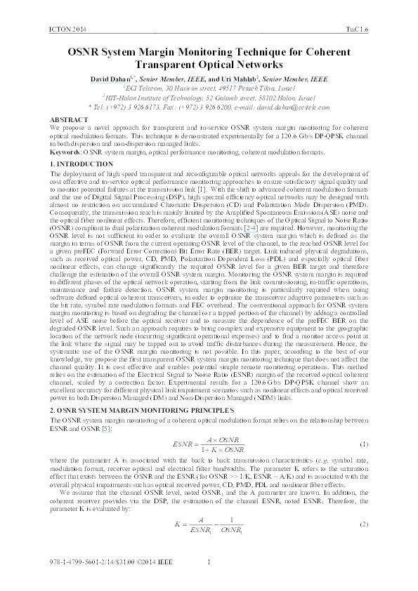 (PDF) OSNR system margin monitoring technique for coherent transparent optical networks
