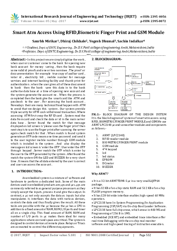 (PDF) Smart Atm Access Using RFID,Biometric Finger Print and GSM Module ...