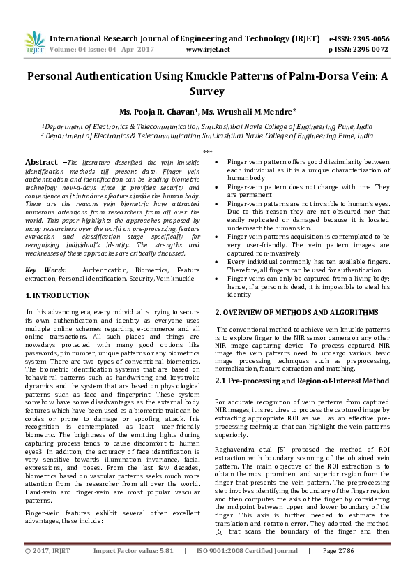(PDF) Personal Authentication Using Knuckle Patterns of Palm-Dorsa Vein: A Survey