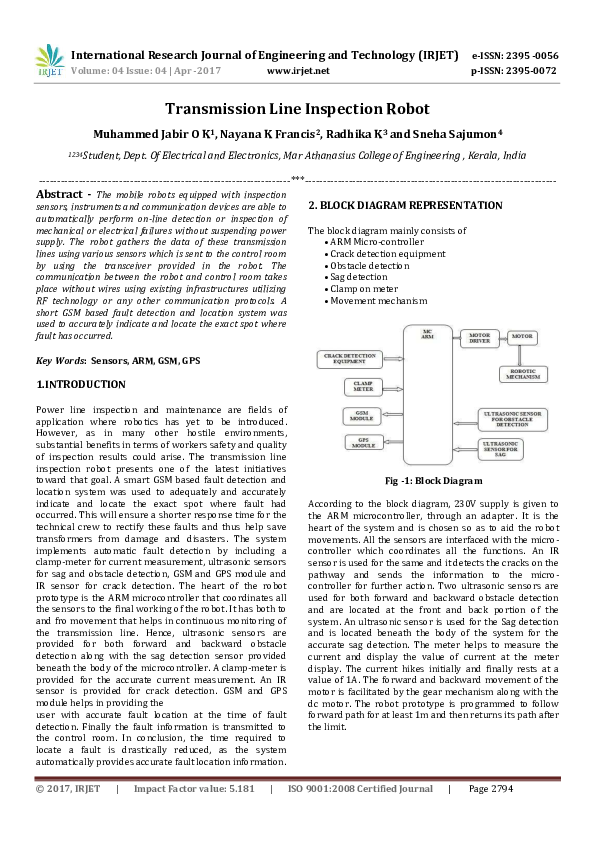 (PDF) Transmission Line Inspection Robot