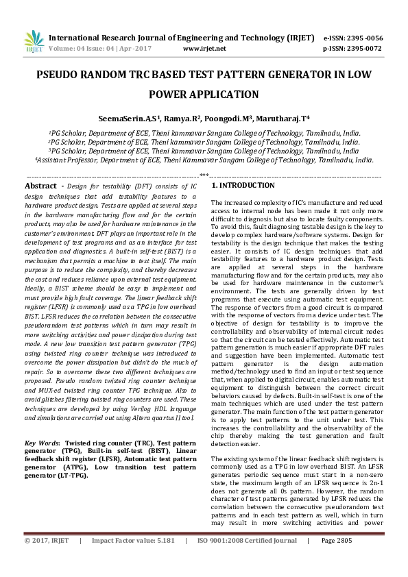 Pdf Pseudo Random Trc Based Test Pattern Generator In Low Power