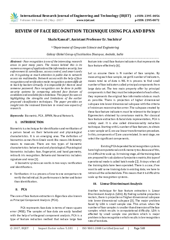 (PDF) REVIEW OF FACE RECOGNITION TECHNIQUE USING PCA AND BPNN | IRJET Journal - Academia.edu