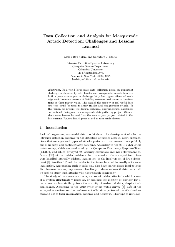 (PDF) Data Collection and Analysis for Masquerade Attack Detection: Challenges and Lessons Learned