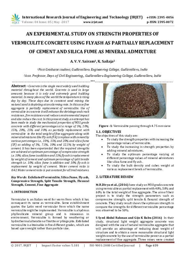 (PDF) AN EXPERIMENTAL STUDY ON STRENGTH PROPERTIES OF VERMICULITE CONCRETE USING FLYASH AS ...