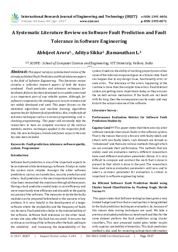 (PDF) A Systematic Literature Review on Software Fault Prediction and Fault Tolerance in ...