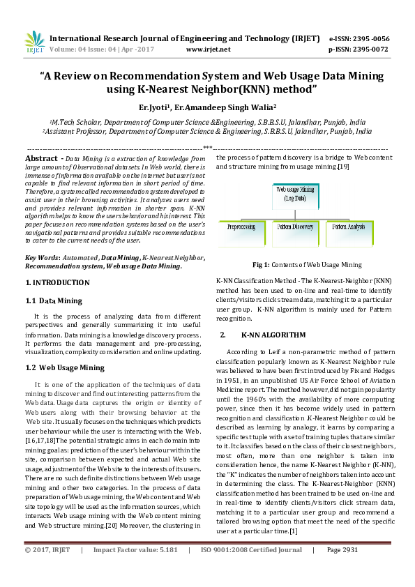 Pdf A Review On Recommendation System And Web Usage Data Mining Using K Nearest Neighborknn