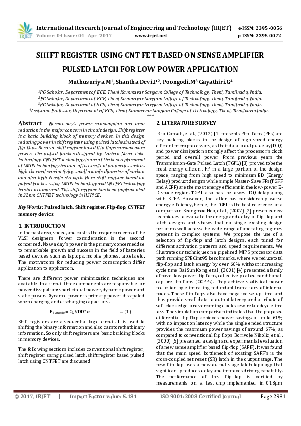 (PDF) SHIFT REGISTER USING CNT FET BASED ON SENSE AMPLIFIER PULSED LATCH FOR LOW POWER APPLICATION