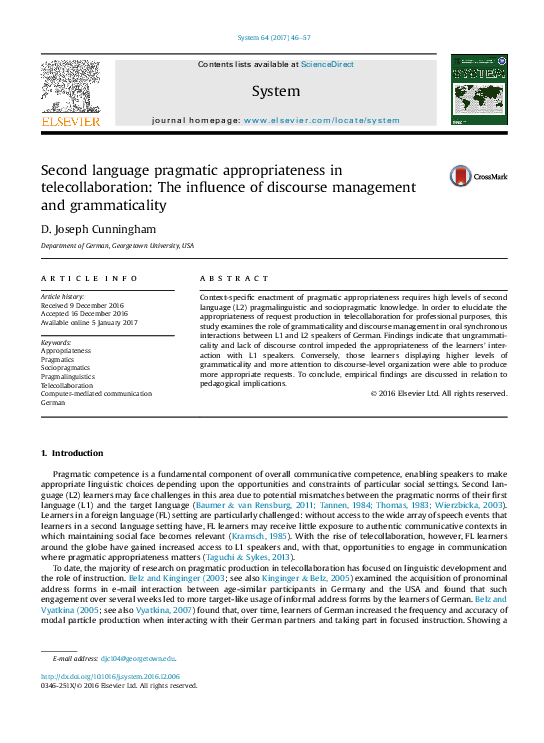 (PDF) Second language pragmatic appropriateness in telecollaboration ...