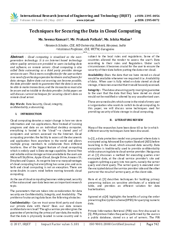 (PDF) Techniques for Securing the Data in Cloud Computing | IRJET ...